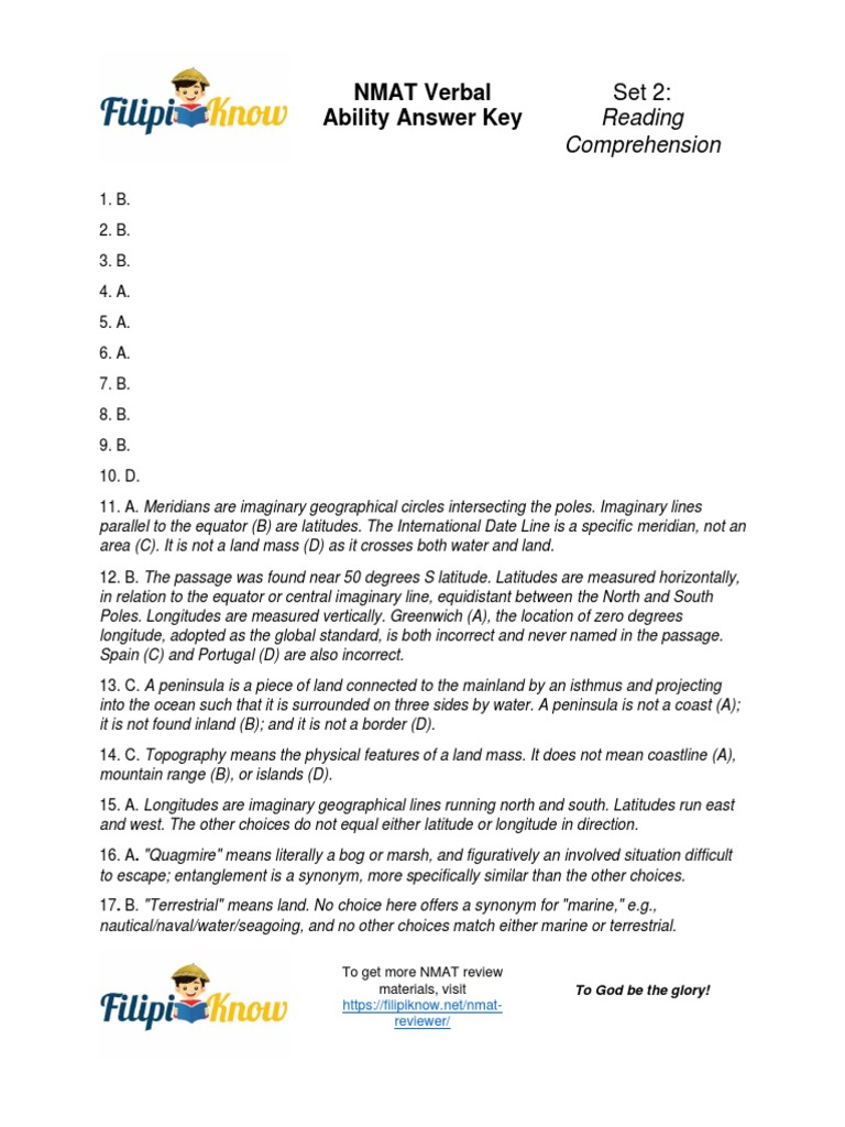 NMAT Verbal Ability Answer Key Set 2 | PDF | Latitude | Longitude