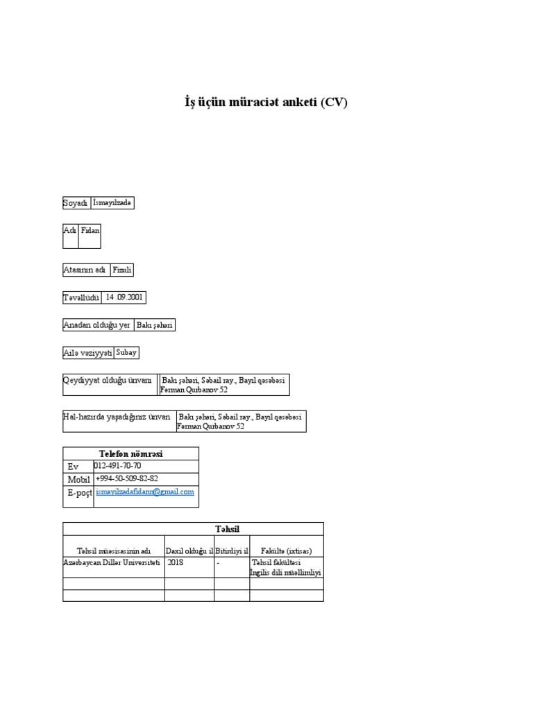 İş Üçün Müraciət Anketi (CV) : Soyadı Adı | PDF