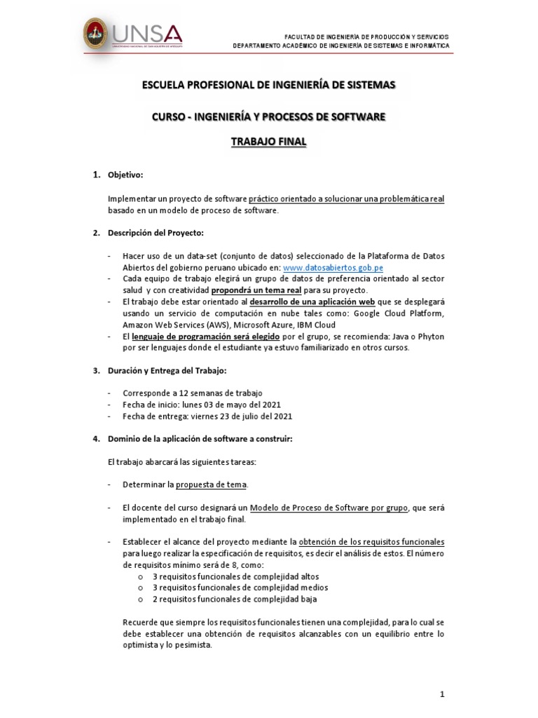 Enunciado de Trabajo Final - Curso IPS EPIS UNSA 2021-A | PDF | Computación en la nube | Software