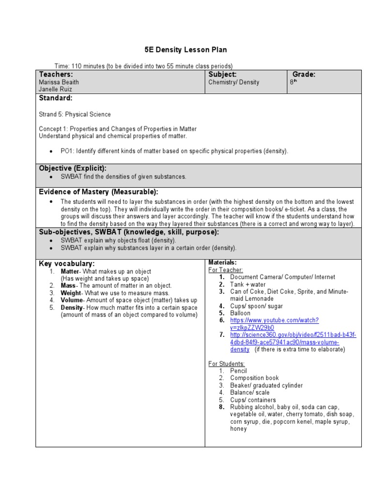 5E Density Lesson Plan Teachers: Subject: Grade: Standard | PDF ...