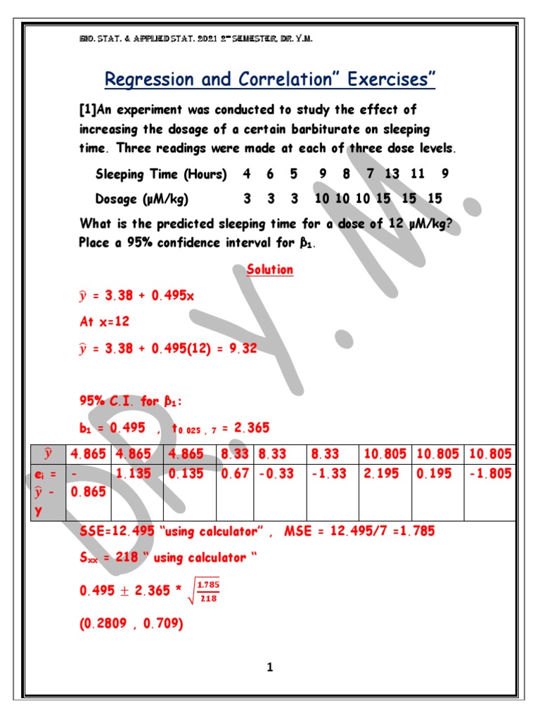 Regression and Correlation" Exercises": Bio. Stat. & Applied Stat. 2021 2 Semester, DR. Y.M ...