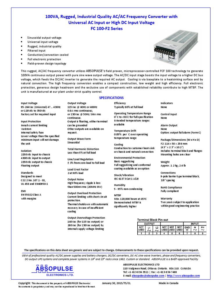 100VA, Rugged, Industrial Quality AC/AC Frequency Converter With ...