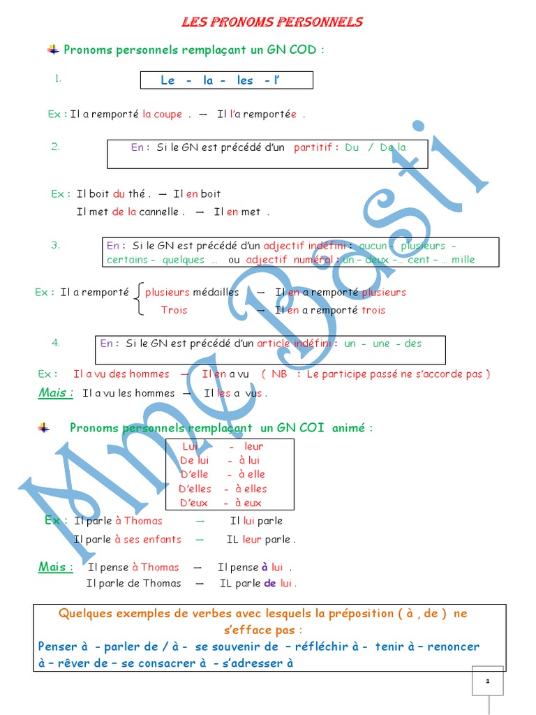 Fiche de Cours Les Pronoms Personnels | PDF | Pronom | Complément d'objet