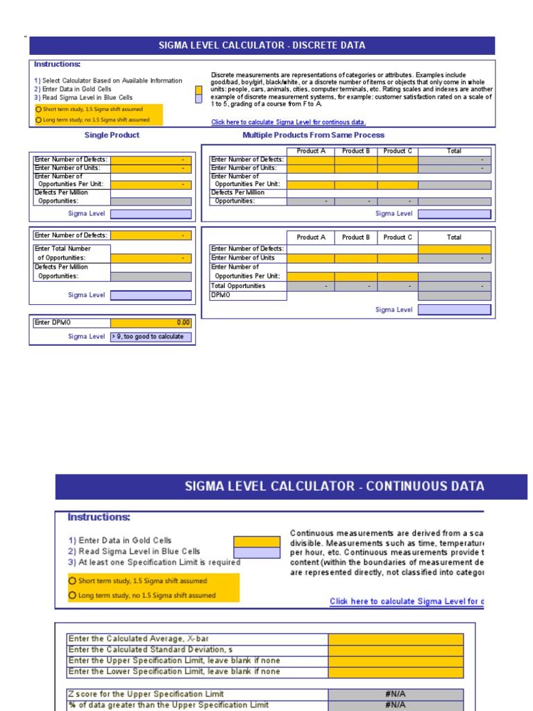 Sigma Level Calculator - Discrete Data: Instructions | PDF | Standard ...