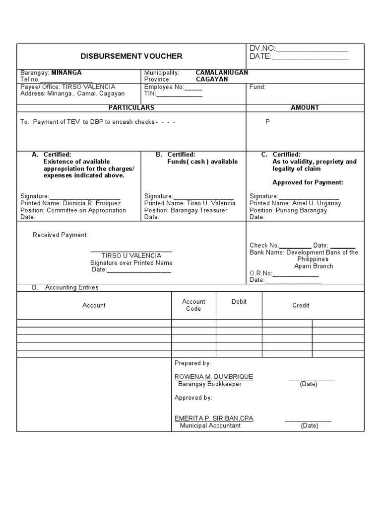 Disbursement Voucher: Particulars Amount | PDF | Payments | Cheque