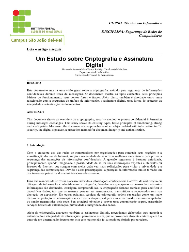 Estudo de Caso Criptografia e Assinatura Digital | PDF | Criptografia | Criptografia de chave ...