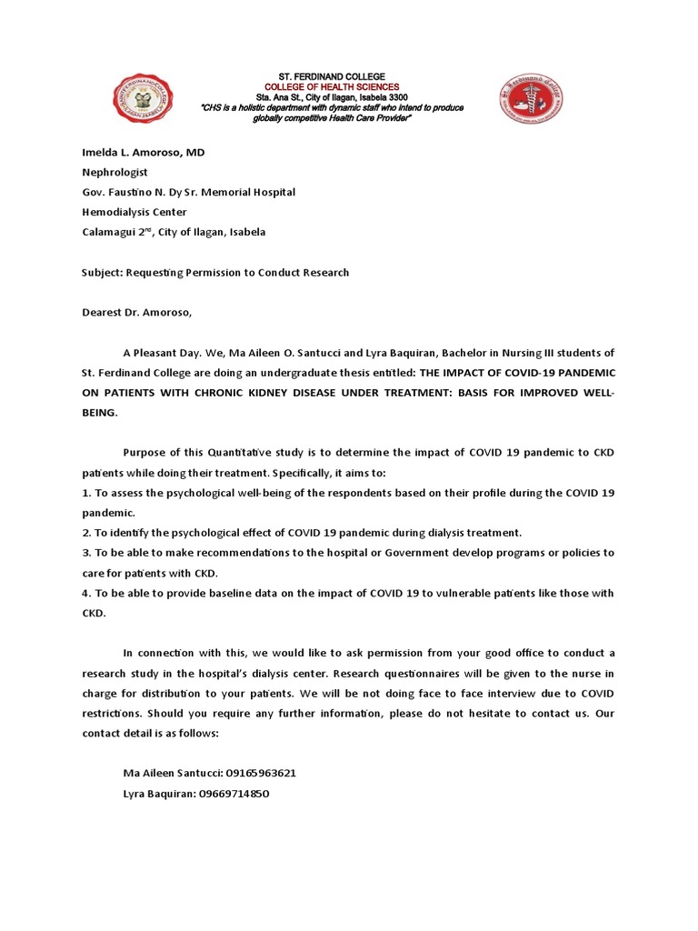 Letter To Conduct Research | PDF | Chronic Kidney Disease | Nephrology