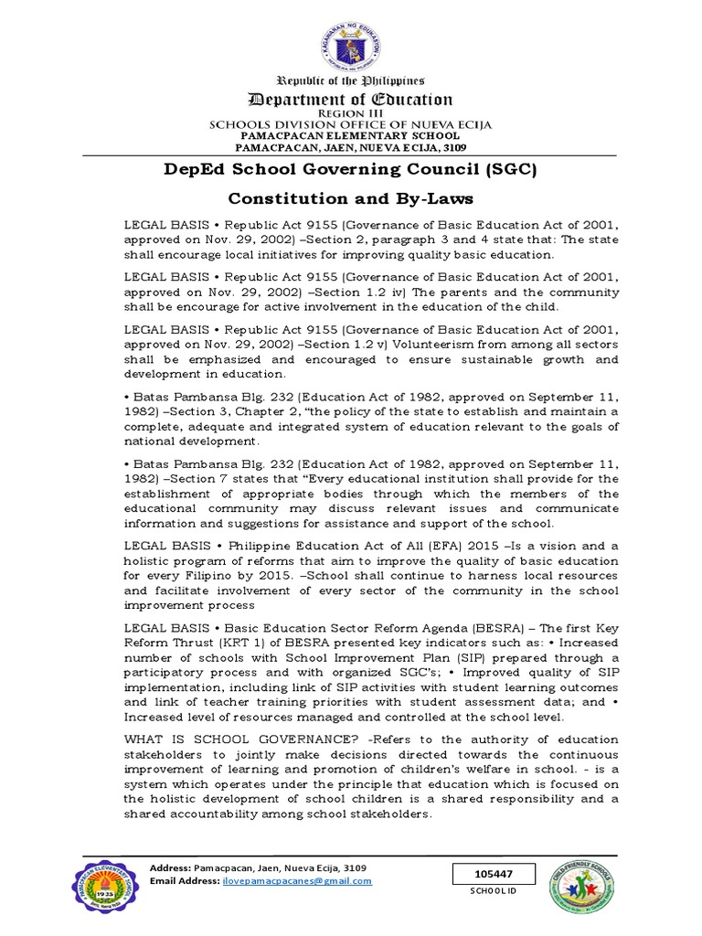 Deped School Governing Council (SGC) Constitution and By-Laws | PDF