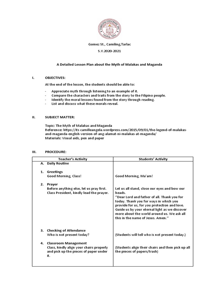 A Detailed Lesson Plan About The Legend of Malakas and Maganda (1) Ttl2 ...