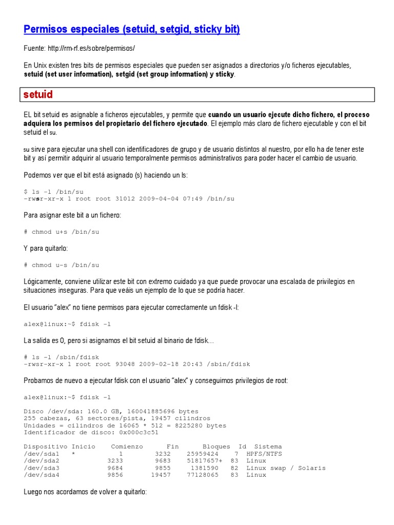 Resumen Permisos Especiales Linux Setuid Setgid Sticky Rm Rf Es Pdf Archivo De 
