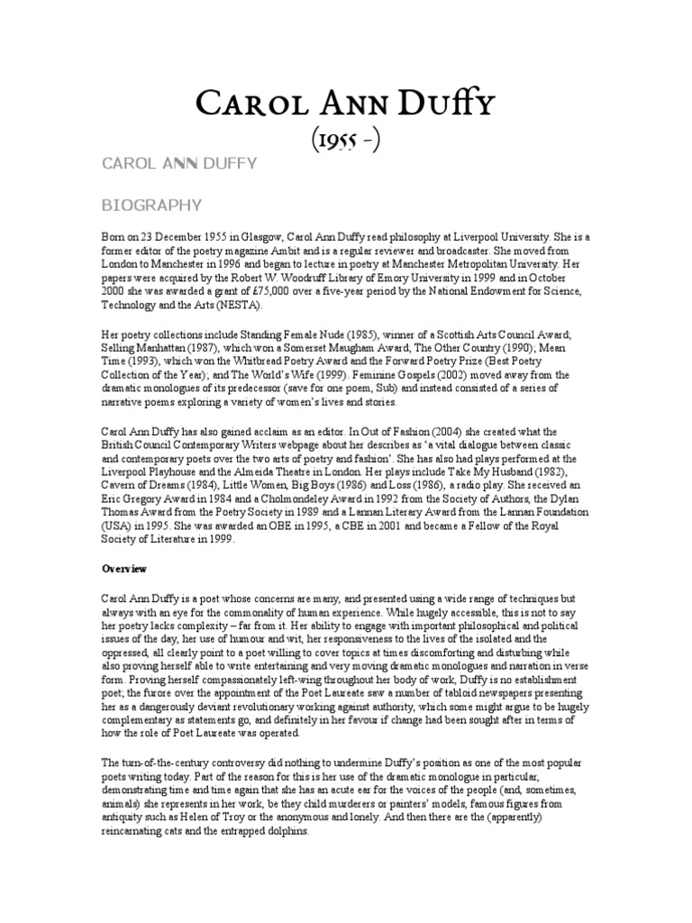 Further Carol Ann Duffy Poems2020-2021 | PDF | Poetry