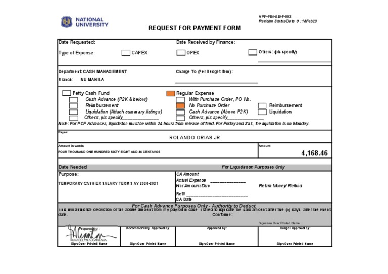 Request For Payment Form: VPF-FIN-AB-F-002 Revision Status/Date 0 ...