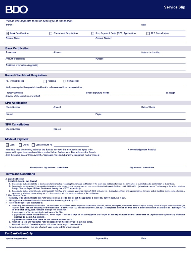 Bdo Service Slip Final 1 | PDF | Cheque | Payments