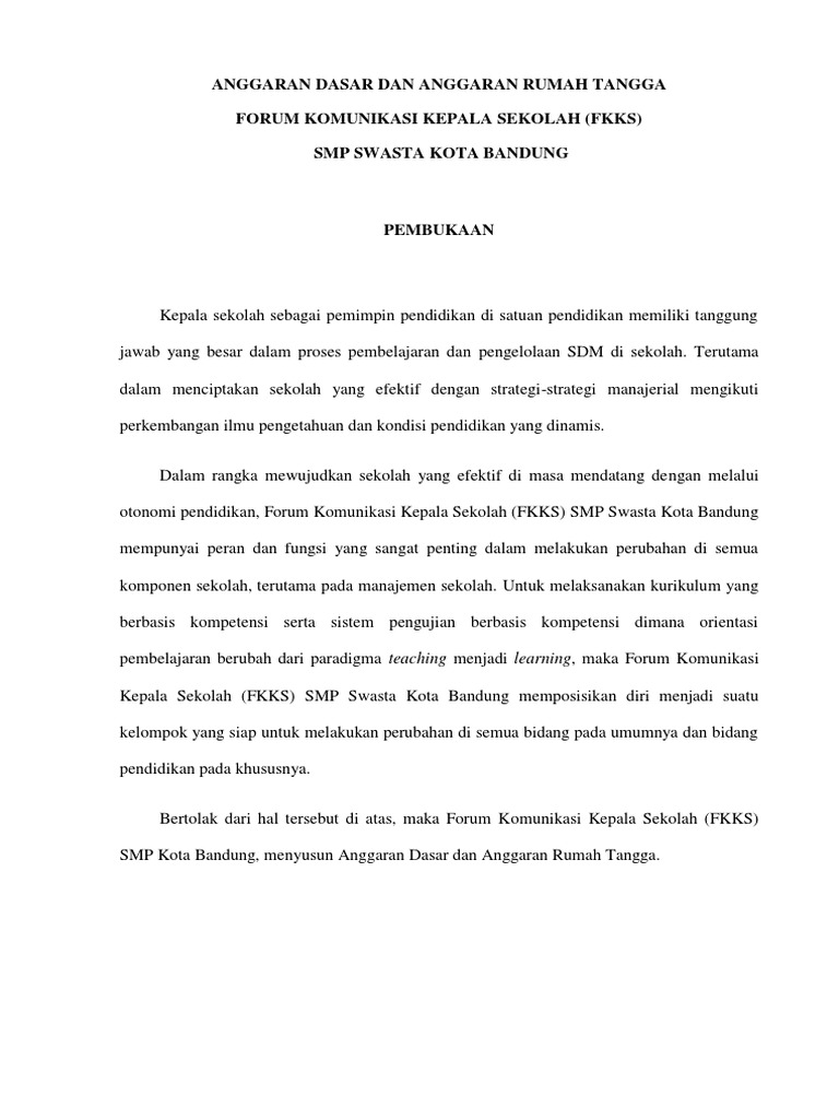 Anggaran Dasar FKKS SMP Swasta Bandung | PDF