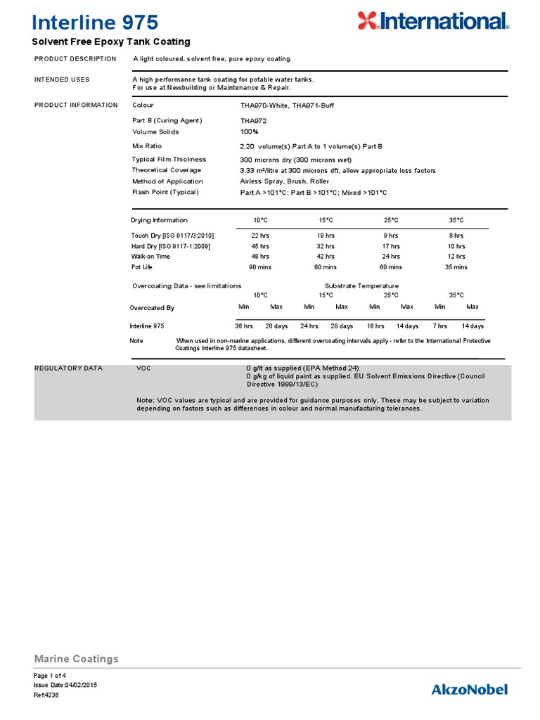 Interline 975: Solvent Free Epoxy Tank Coating | PDF | Paint ...