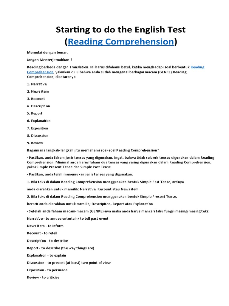 Starting To Do The English Test : Reading Comprehension | PDF | Taste ...