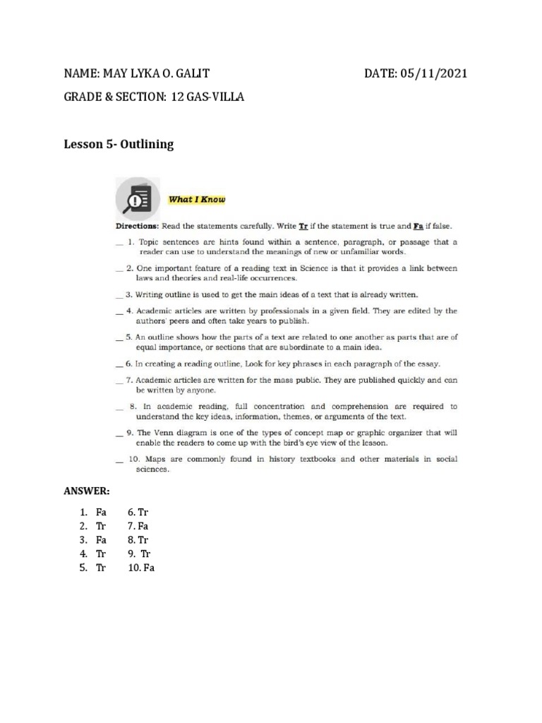 Eapp - Lesson 5 - Outlining - Galit J May Lyka O. - 12 Gas-Villa | PDF | Tagalog Language ...