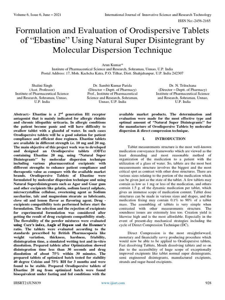 Formulation and Evaluation of Orodispersive Tablets of "Ebastine" Using ...