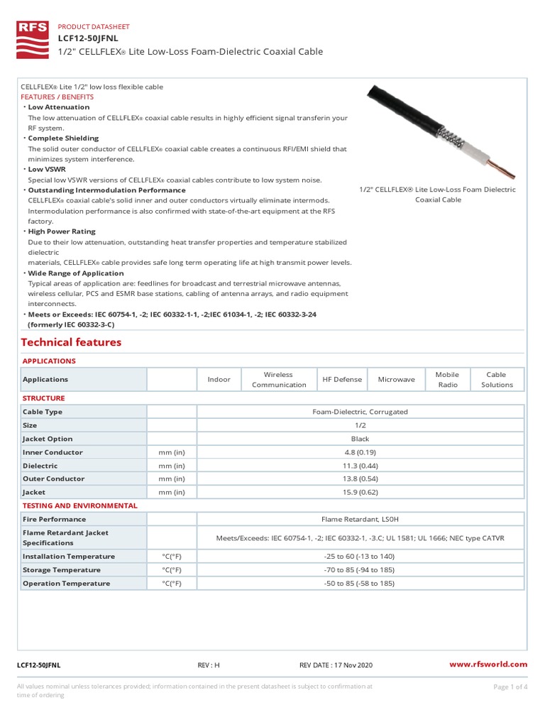 1/2" Cellflex Lite Low-Loss Foam-Dielectric Coaxial Cable: LCF12-50JFNL ...