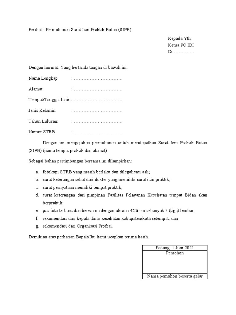 Contoh Permohonan Sipb Bidan | PDF