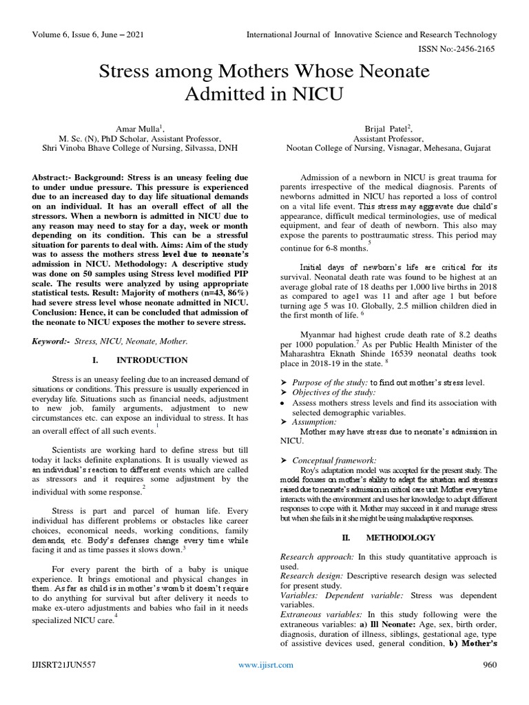 Stress Among Mothers Whose Neonate Admitted in NICU | PDF | Neonatal ...