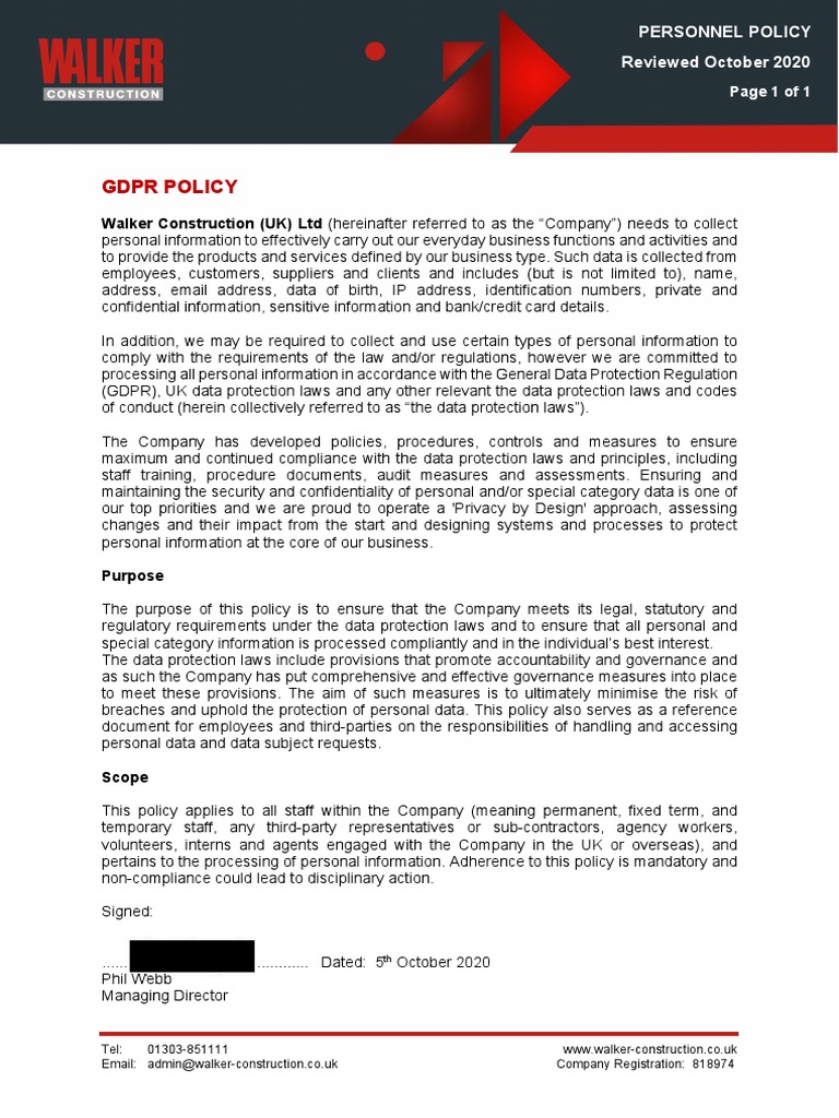 GDPR Policy Oct 2020 Redacted | PDF | Information Privacy | Regulatory ...