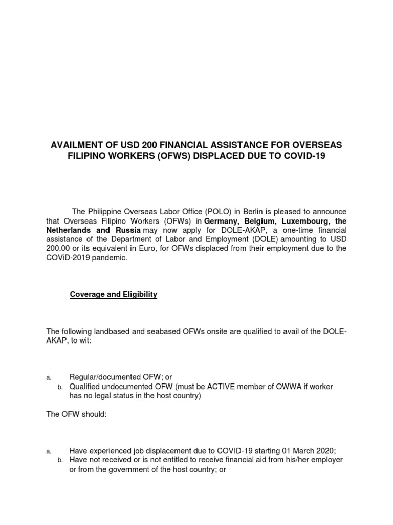 Availment of Usd 200 Financial Assistance For Overseas Filipino Workers ...