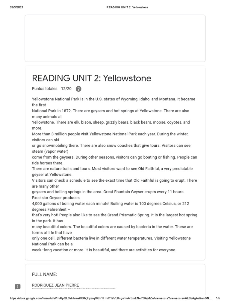 Reading Unit 2 - Yellowstone | PDF | Yellowstone National Park | Water