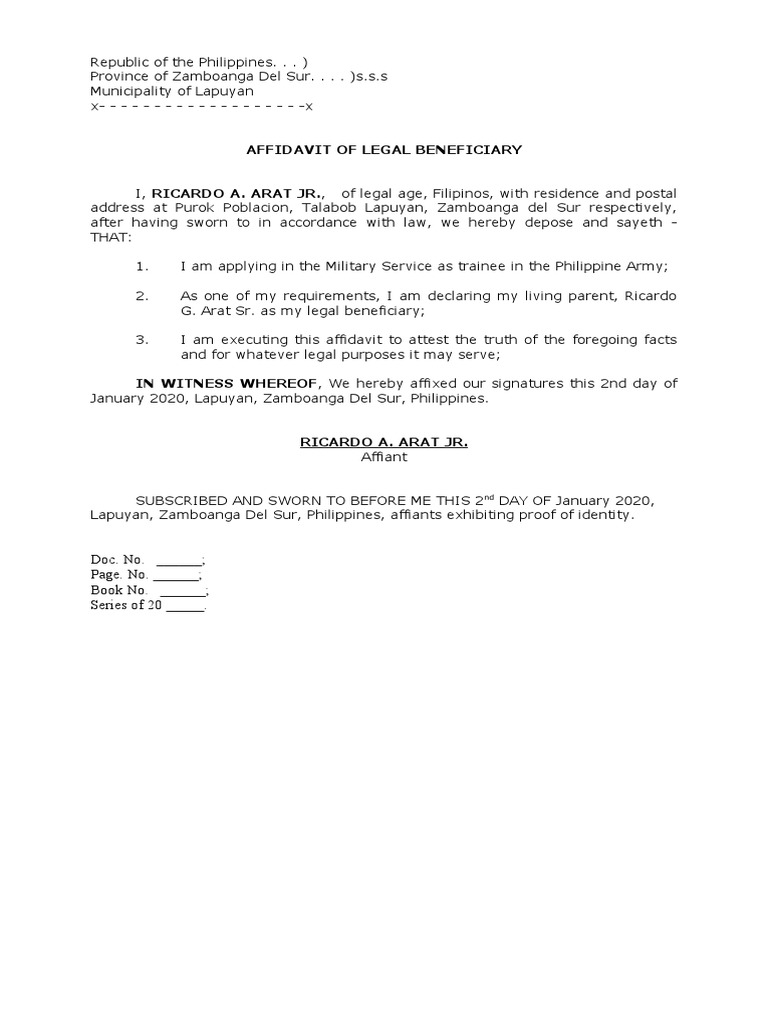 Affidavit of Being Single and Beneficiary | PDF | Affidavit | Legal ...
