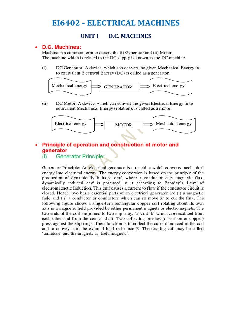 Ei6402 - Electrical Machines: Unit I D.C. Machines | PDF | Electromagnetic Induction | Electric ...