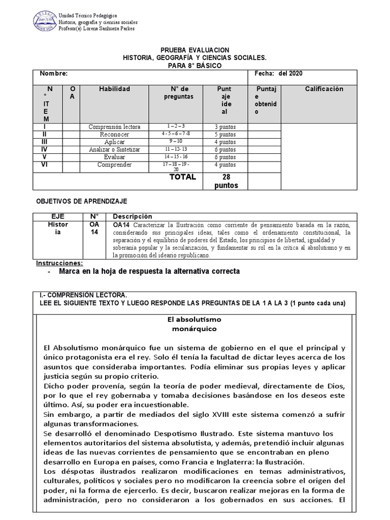 Prueba - Historia.8vo. BASICO | PDF | Era de iluminacion | Monarquía absoluta