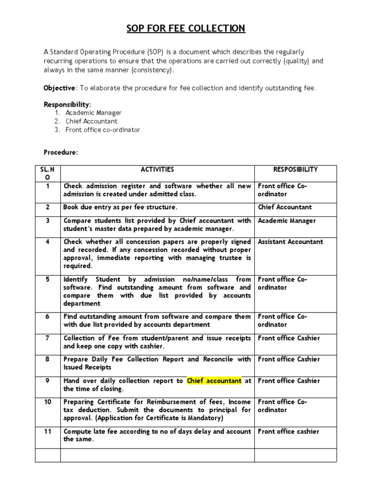 Fee Collection SOP for Schools | PDF | Receipt | Fee