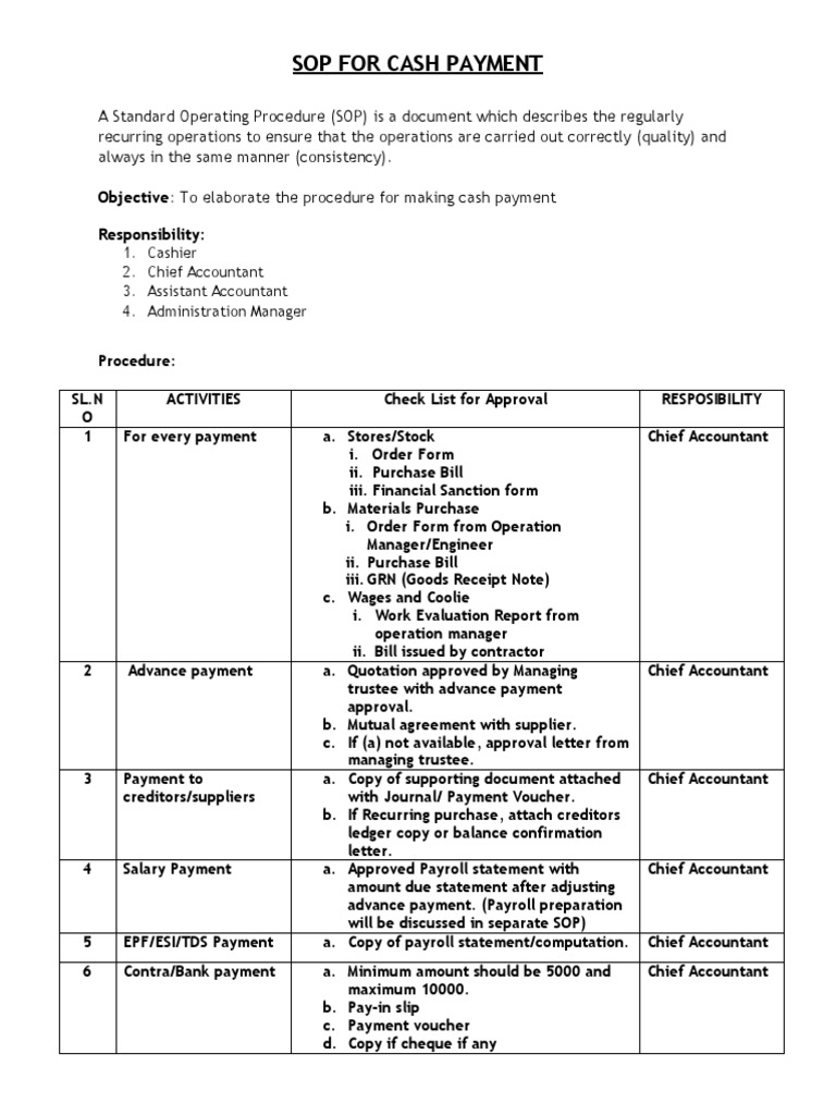 Cash Payment SOP for Accountants | PDF | Payments | Voucher
