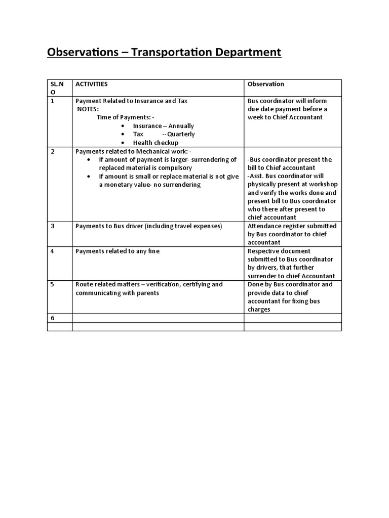 Transportation Department SOP Overview | PDF | Bus | Accountant