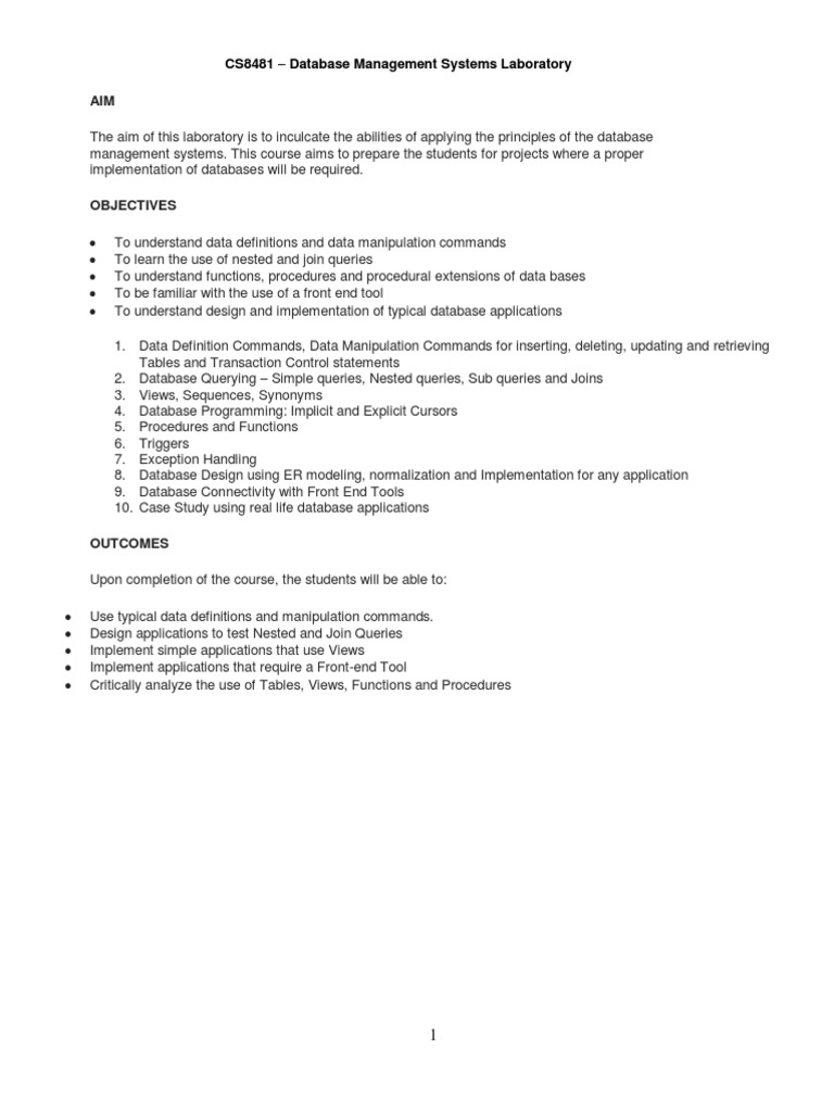 CS8481 - Database Management Systems Lab Manualsairam | Download Free PDF | Sql | Relational ...