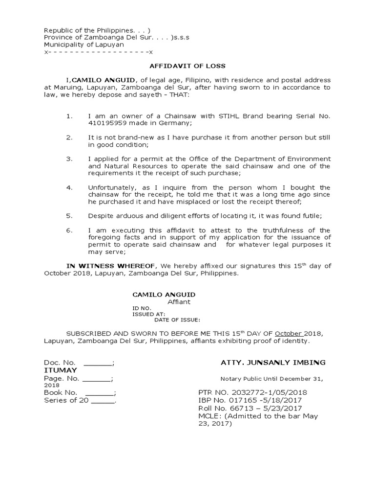 Affidavit of Loss Chainsaw | PDF | Affidavit | Evidence