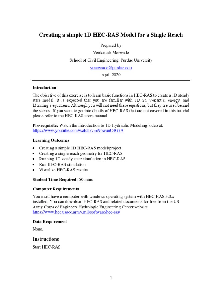 Creating A Simple 1D HEC-RAS Model For A Single Reach: Vmerwade@purdue ...