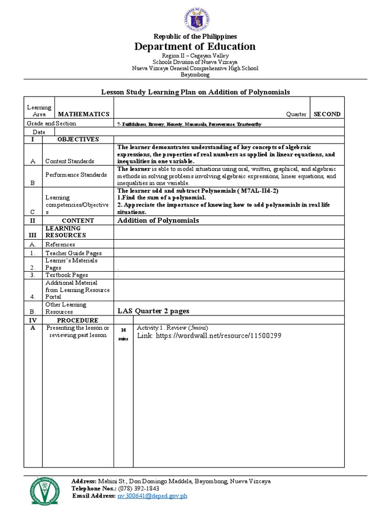 Addition of Polynomials Lesson Plan | PDF | Polynomial | Equations