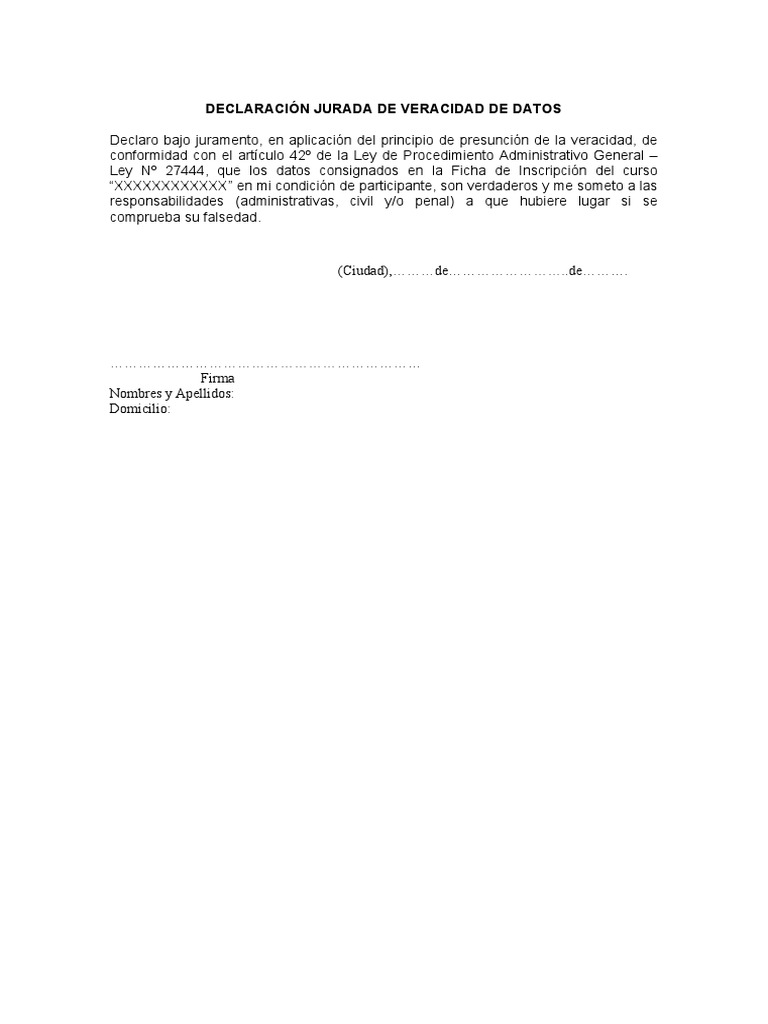 Declaración de Veracidad de Datos | PDF