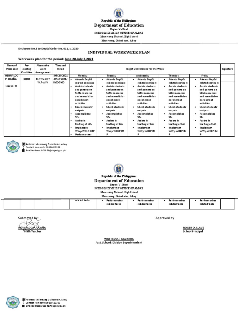 Department of Education: Individual Workweek Plan Workweek Plan For The ...