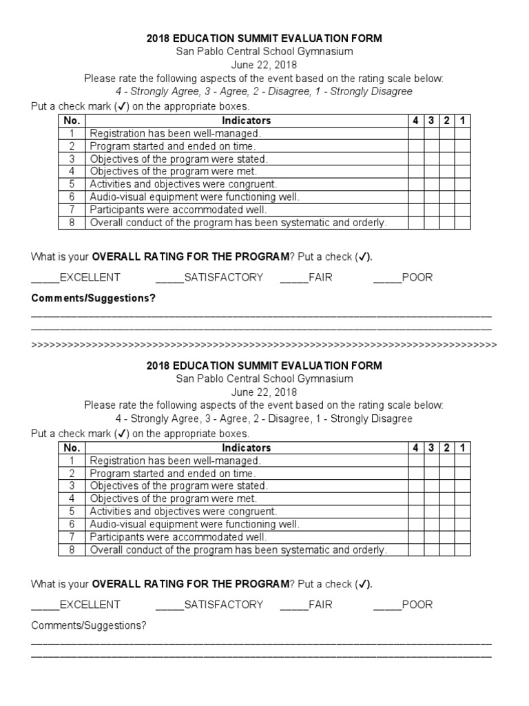Education Summit Evaluation Form | PDF | Psychological Concepts | Human ...