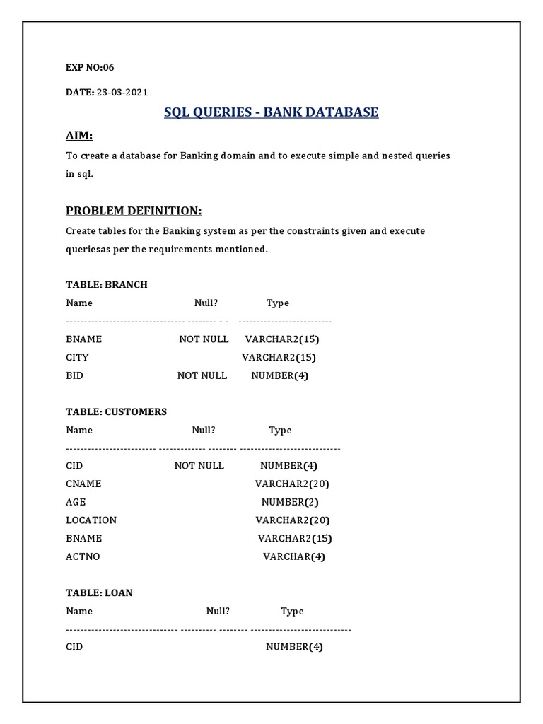 Database Design and SQL Query Implementation for a Banking System | PDF ...