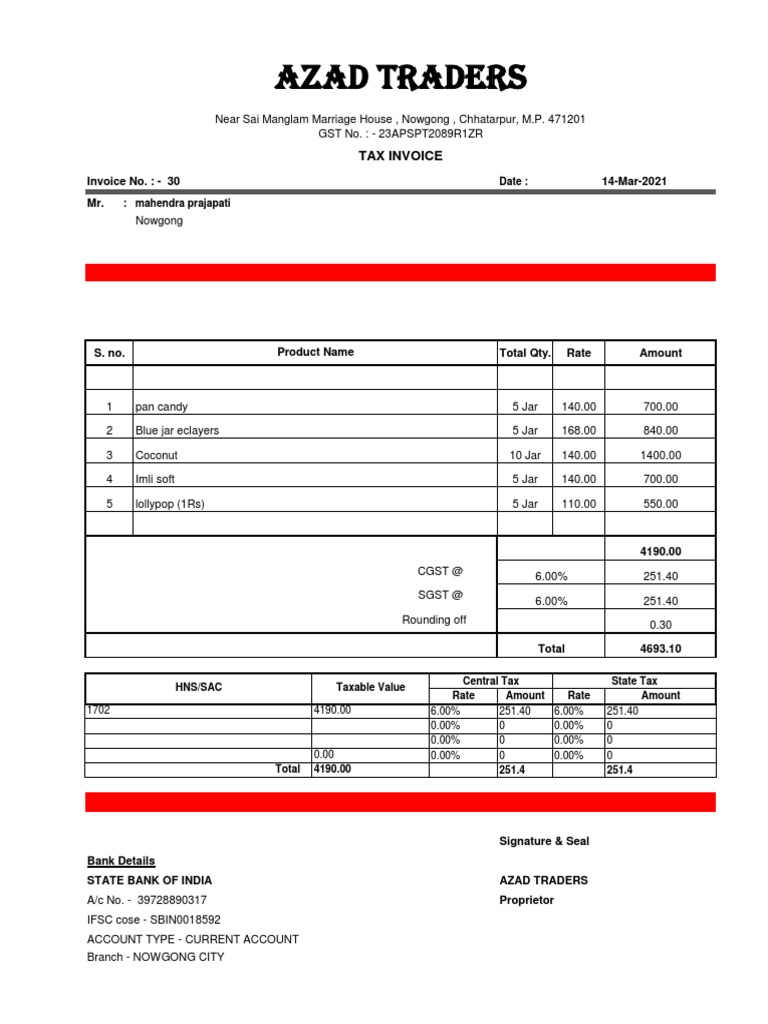 Azad Traders: 14-Mar-2021 Invoice No.: - 30 | Download Free PDF ...