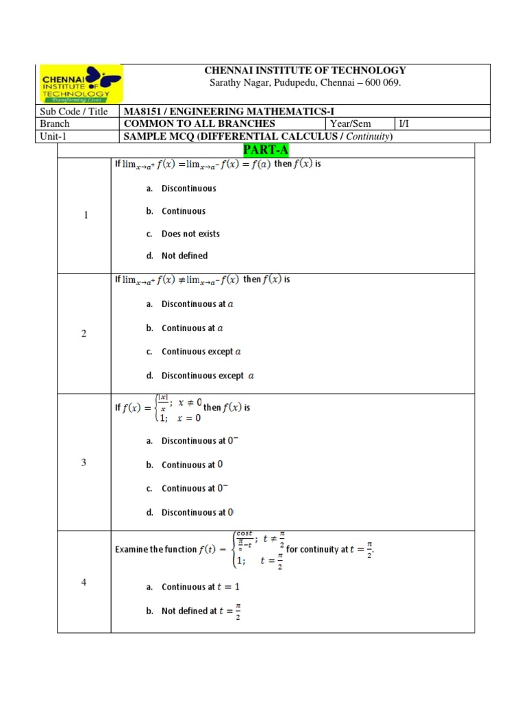 Part-A: Chennai Institute of Technology | PDF | Continuous Function | Function (Mathematics)