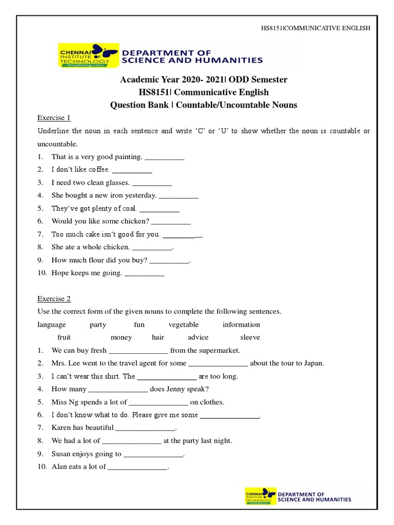 Understanding Countable and Uncountable Nouns: A Question Bank and ...