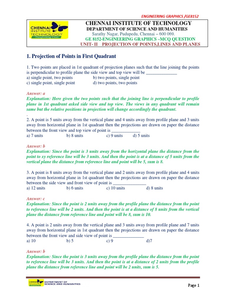 ENGINEERING GRAPHICS MCQ QUESTIONS ON PROJECTION OF POINTS | PDF ...