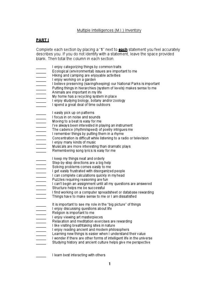 Multiple Intelligences Inventory | PDF | Nonverbal Communication ...