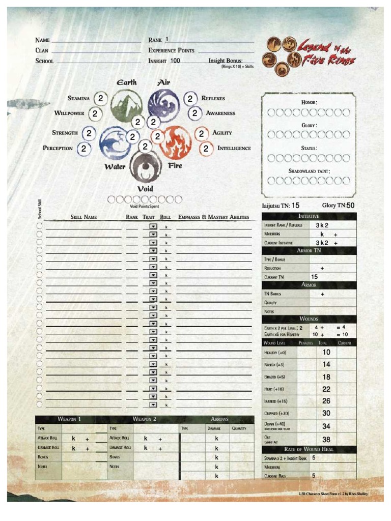 L5R Character Sheet Template v1.2 | PDF | Role Playing Games | Role Playing