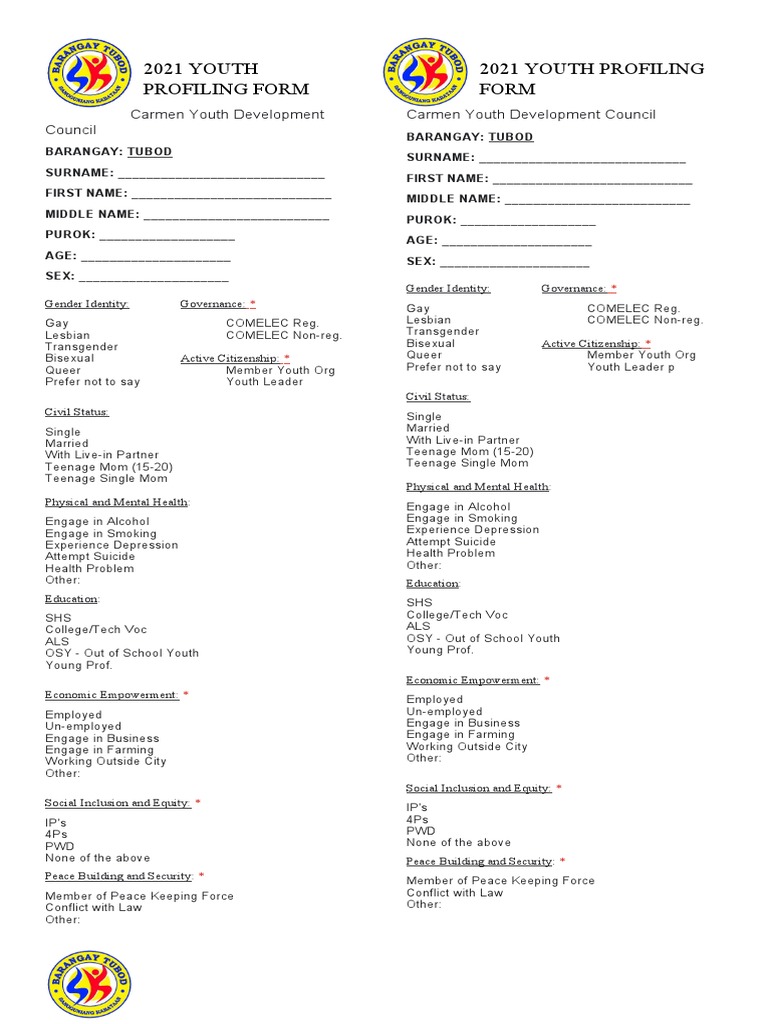 2021 Youth Profiling Form | PDF | Youth | Transgender