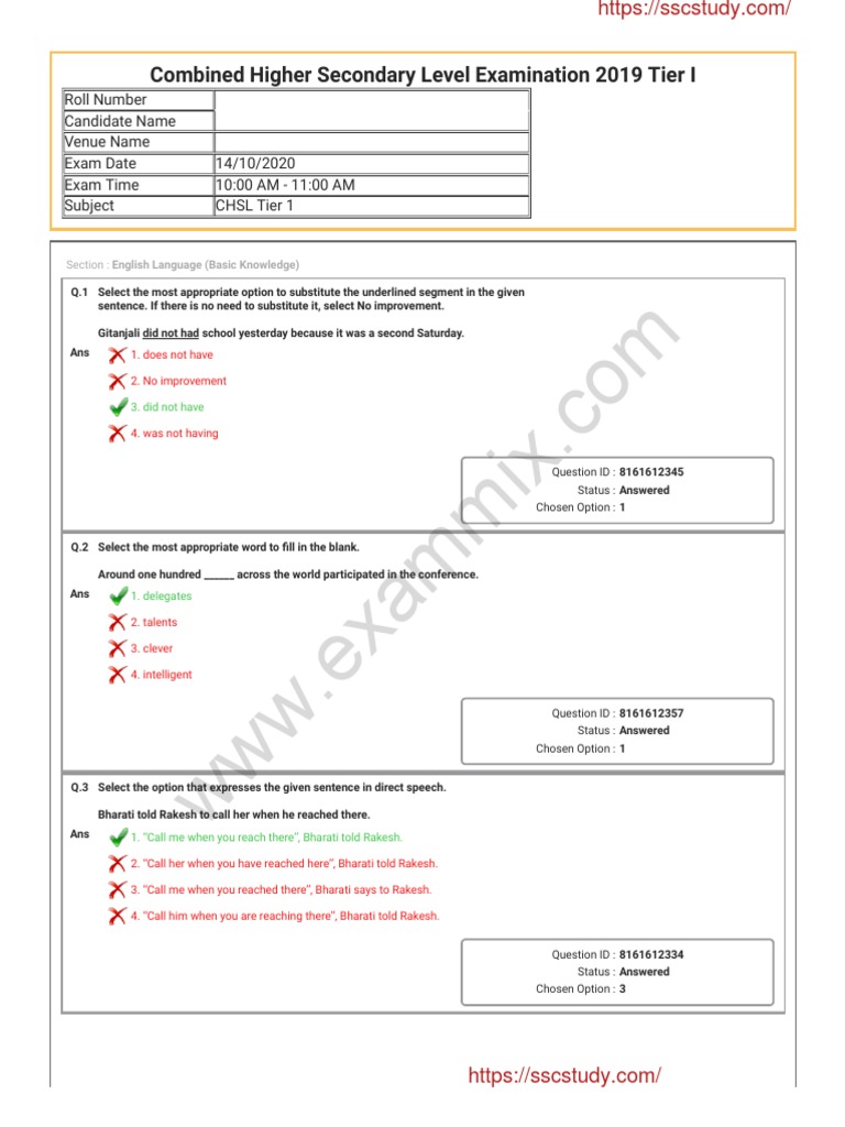 SSC CHSL Question Paper PDF in Hindi 14.10.2020 All Shift | PDF ...